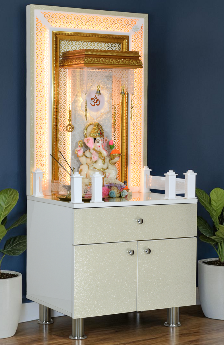 Ornamental Handcrafted Designer Wooden Home Mandir in Silk White Color ...