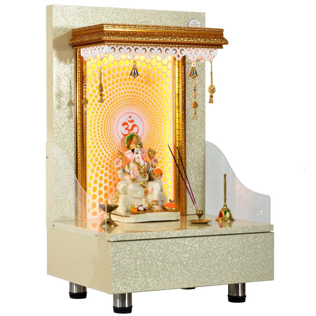 Wooden Mandir In Sparkling Silver Color with Drawer Storage and Warm W ...