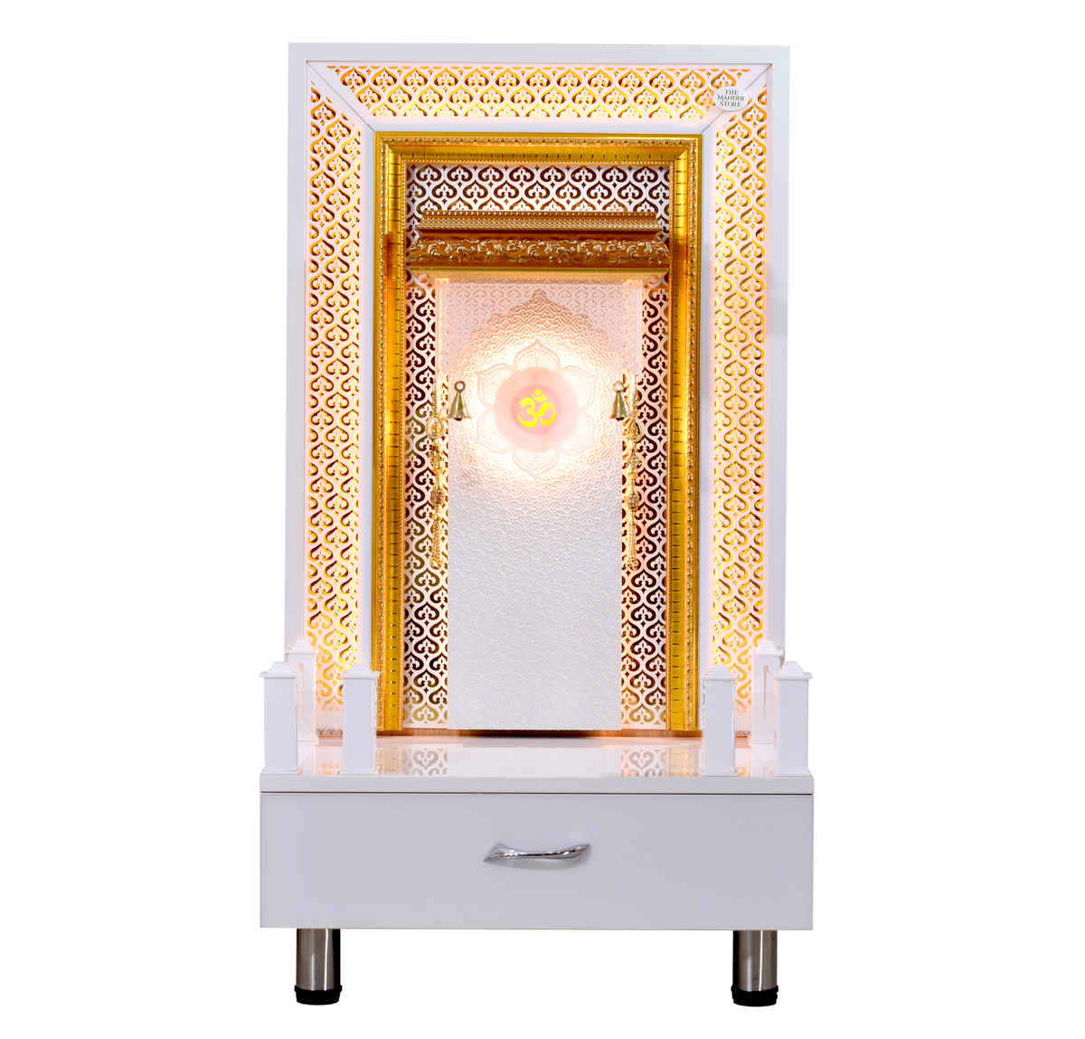 Wooden Pooja Temple Glossy White With Jali And LED Lights – The Mandir ...